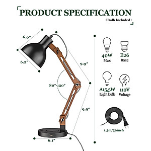 ELYONA LED Sapele Wood Desk Lamp with Upgraded Wireless Charger & USB C Charging Port Modern Table Lamp Swing Arm Bedside Reading Task Light for Dorm Office Bedroom Living Room Bulb Included Black