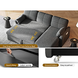 DWVO 86" Sectional Sofa Couch, 2 in 1 Sleeper Sofa Bed with Reversible Storage Chaise Pull Out Bed, L-Shape Sofa Bed for Living Room, Side Storage Pocket, Teddy Fleece, Grey