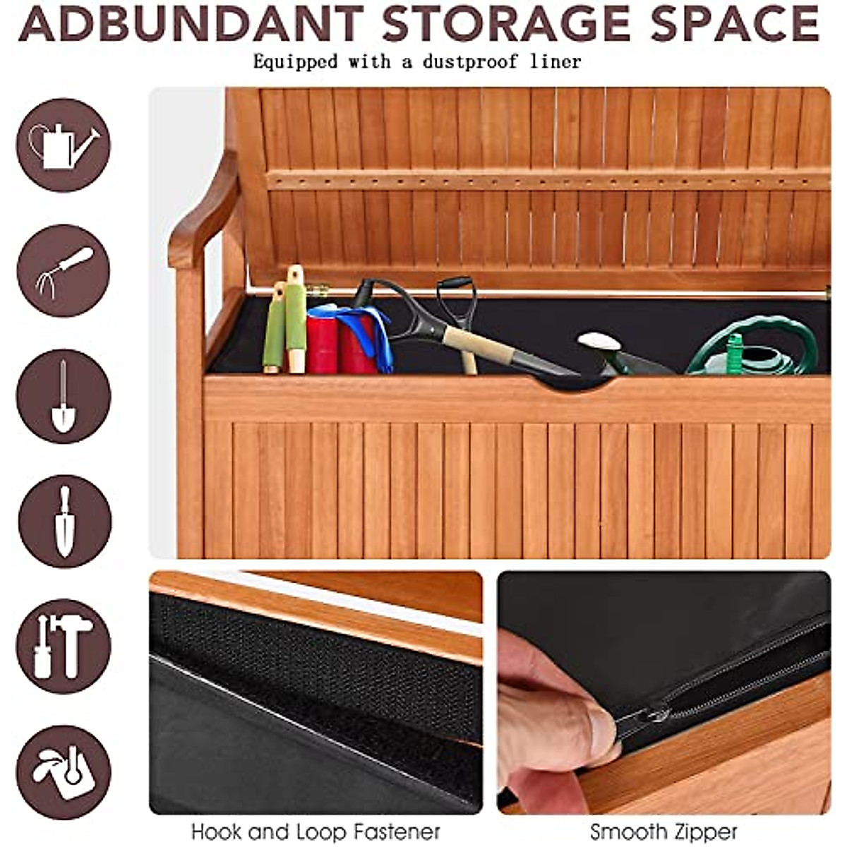 HAPPYGRILL Outdoor Storage Bench Wooden Deck Box with Removable Dustproof Liner, 33 Gal Wood Storage Loveseat Seating Furniture for Courtyard Garden Poolside