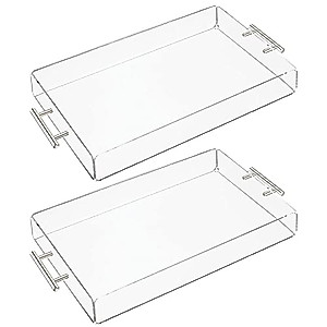 mDesign Modern Acrylic Rectangular Serving Tray with Handles for Food, Tea, Coffee, Breakfast, Snacks, Cheese, Appetizers - Use in Kitchen, Bathroom, Office - Small, 2 Pack - Clear/Stainless Steel