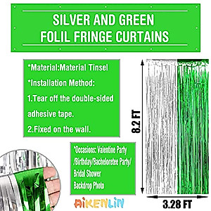 4 Pack 3.2Ft x 8.2Ft Silver Green Foil Fringe Curtain Backdrop, Metallic Tinsel Foil Fringe Streamers Curtains Background for Photo Booth, Birthday, Wedding, St Patrick Day Party Decoration