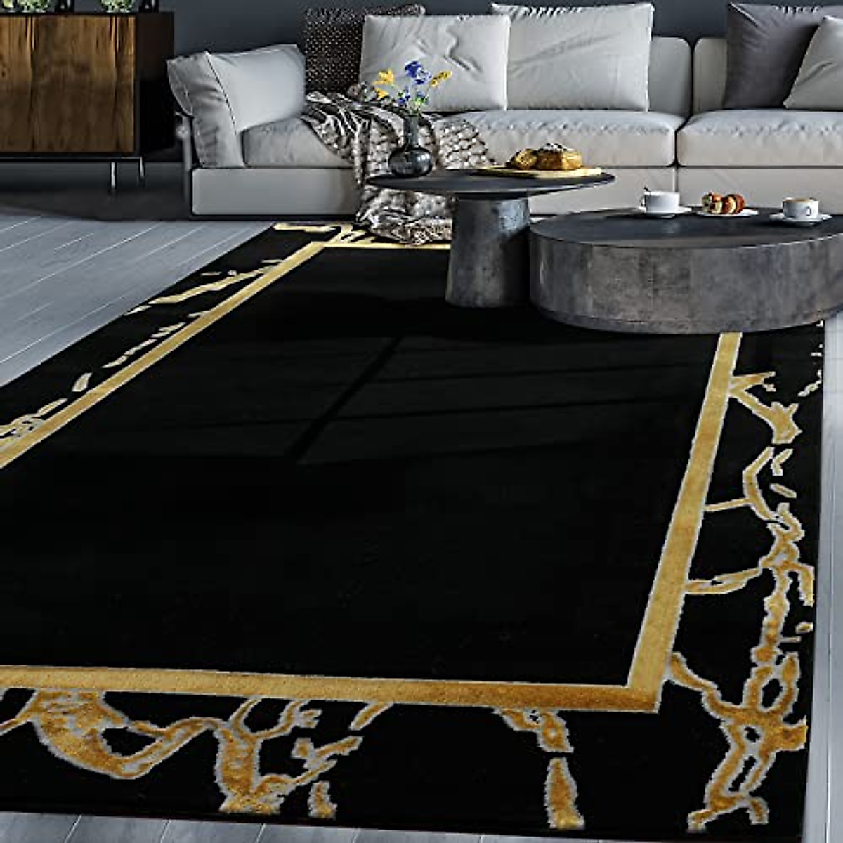 Antep Rugs Babil Gold 5x7 Marble Bordered Modern Geometric Indoor Area Rug (Black, 5'3" x 7')