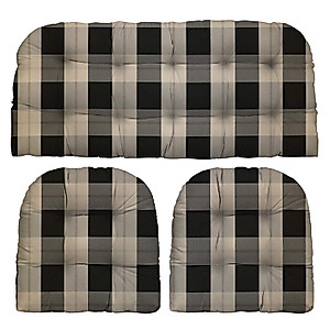 RSH Décor Indoor Outdoor 3 Piece Tufted Wicker Cushion Set 1 Loveseat & 2 U-Shape ~ Choose Color & Size (Branson Pewter Grey Beige Black Big Buffalo Plaid, LS 41"x19" US 19"x19")