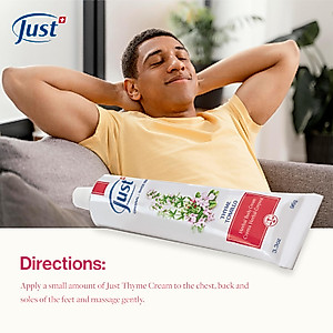 SwissJust Thyme Cream, Thyme Tomillo Cream 60ml. Massage Cream with Camphor Oil, Lemon Eucalyptus Chamomile Essential Oil, Rosemary Oil, Soybean Oil, and Pine Essential Oils.