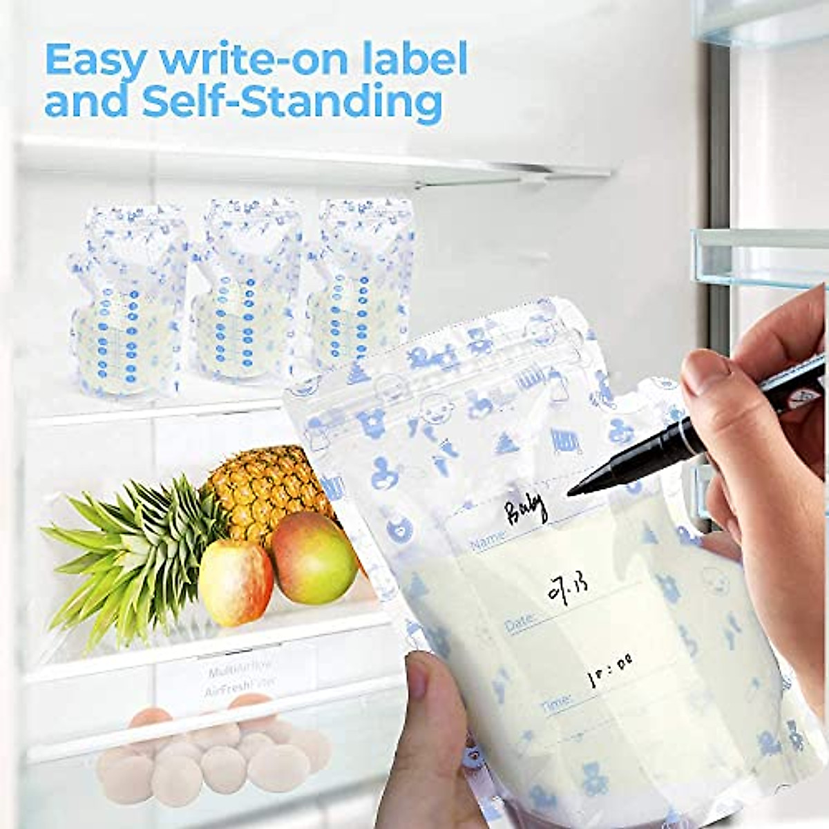 Breastmilk Storage Bags, 120 Pcs Breast Milk Bags for Freezing, Self-Standing BPA & BPS-Free, Leak Proof Double Zipper Seal, Spout & Thickened Design, Breast Feeding Essentials- 8 Oz