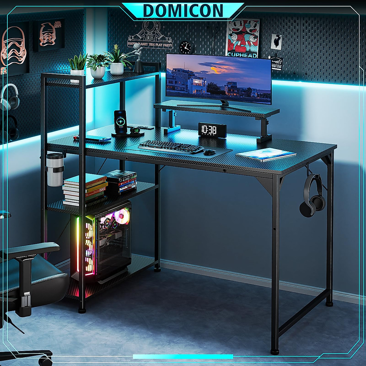 OMICON Computer Desk with LED Light, 42-55 Inch Gaming Desk with Reversible Storage Shelves, Office Desk with Power Outlets Corner Desk for Home Office, Small Space Desk Black Carbon Fiber (42)