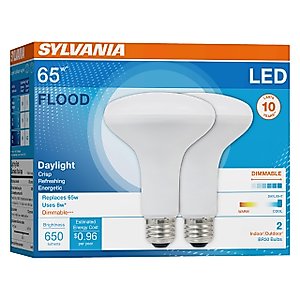 SYLVANIA LED Flood BR30 Light Bulb, 65W=8W, 10 Year, Medium Base, 650 Lumens, Dimmable, 5000K, Daylight - 2 Pack (73956)