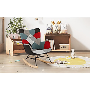 LSSPAID Rocking Chair Nursery Set of 1, Upholstered Glider Rocker with High Backrest Armchair Comfy Accent Glider Chair for Living Room, Bedroom, Nursery Room, Multi Color