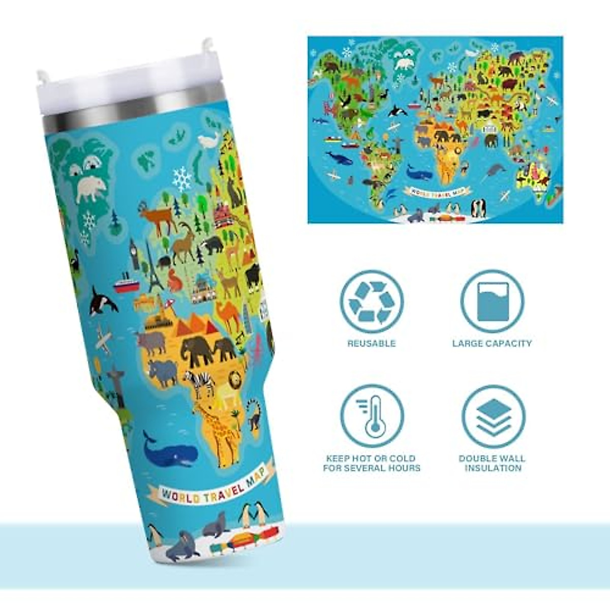 Slewiaeky Tumbler with Handle 40 oz Animal Map Children Travel Mug with Lid and Straw Stainless Steel Vacuum Insulated Water Bottle Cup for Iced Tea Coffee Cold Beverages Cup Holder Friendly