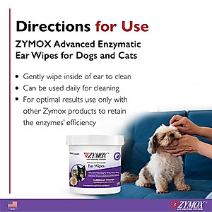 Zymox Advanced Enzymatic Ear Wipes for Dogs and Cats - for Dirty, Waxy, Smelly Ears - Premium Strength Ear Cleaner Wipes - Non-Irritating - Hypoallergenic - 100 ct