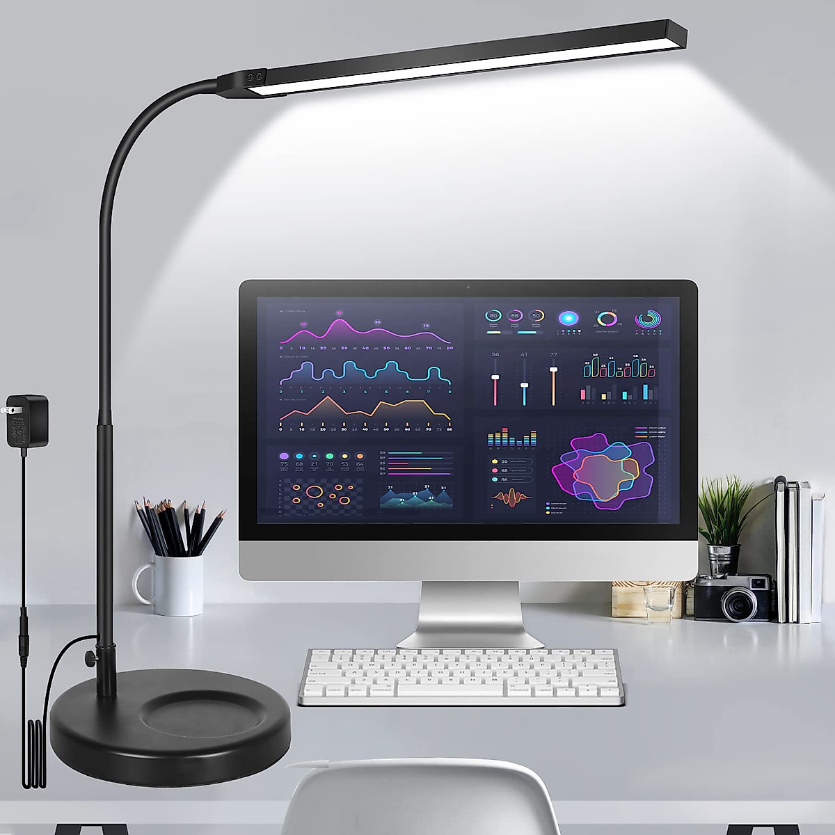 NAKOOS LED Desk Lamp with Clamp & Round Base, Eye Caring Table Lamp with Flexible Gooseneck, Touch Control 3 Color Modes, 10 Brightness Levels, Desk Light for Home Office 12W