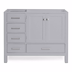 ARIEL 42" Grey Bathroom Vanity Base Cabinet, Right Offset Sink Configuration, 2 Soft Closing Doors, 9 Full Extension Dovetail Drawers, Brushed Nickel