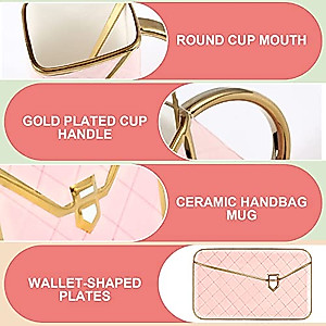 Zubebe Handbag Shaped Mug Purse Coffee Ceramic Mug Set with Spoon and Saucer 10 Oz/ 310 ml Cute Creative Design Travel Tea Cup for Women Thanksgiving Christmas Gifts (Pink,1 Set)