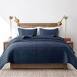Navy Blue Queen Size Quilt Bedding Sets with Pillow Shams, Mustard Full Lightweight Soft Bedspread Coverlet, Quilted Blanket Thin Comforter Bed Cover for All Season, 3 Pieces, 90x90 inches
