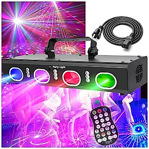 Upgraded 4 Lens DJ Disco Lights for Parties Laser Light Show with 9 LED Strobe Lights Remote&DMX512 Control, Sound Activated Club Lights for Home Party Birthday,Halloween,Christmas
