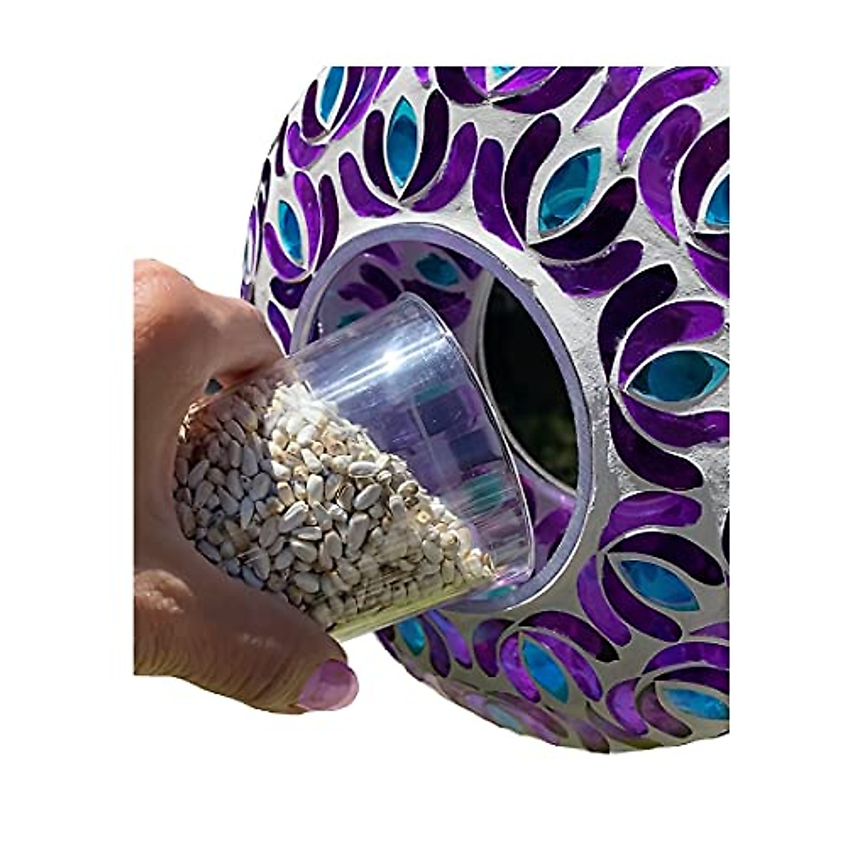 Lily's Home Hanging Outdoor Fly Through Wild Bird Feeder, an Excellent Addition to Any Garden, Mosaic. 8 Inches. Purple and Blue