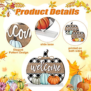 Geetery Thanksgiving Hello Fall Pumpkin Sign Decorations 12 Inch Double Printing Wooden Autumn Buffalo Plaid Welcome Tabletop Decor Farmhouse Thanksgiving Decorations for Harvest Living Room