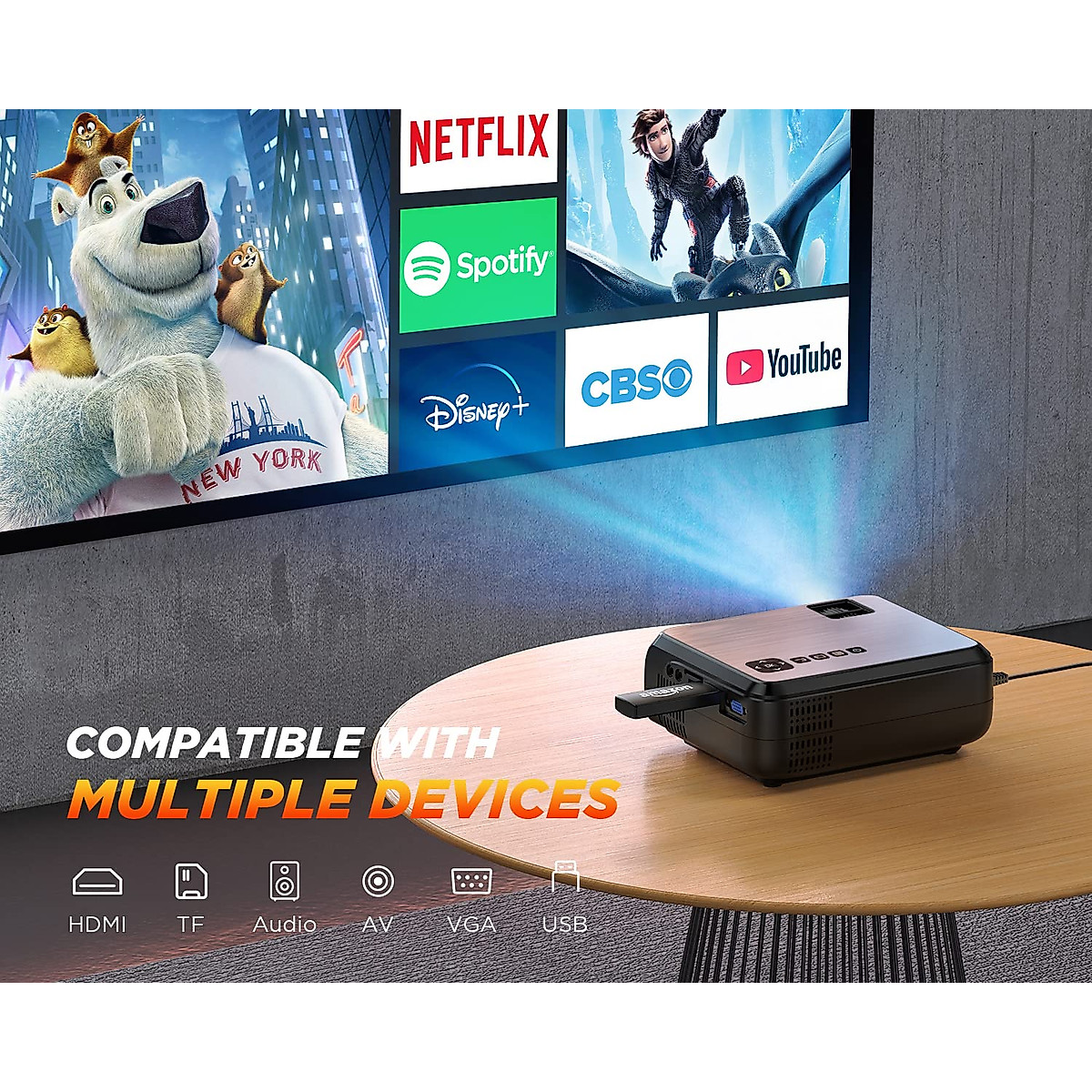 Mini WiFi Projector for Outdoor Movies, 8500L High Brightness, 1080p HD Video Projector for iPhone & 200'' Display Supported, Compatible with Phone/TV Stick/HDMI/USB/VGA, Home Theater