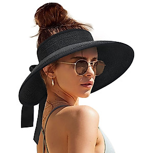 Camptrace Sun Visors for Women Wide Brim Beach Hat UPF 50+ Foldable Straw Visor Hat Ponytail Summer Packable Black