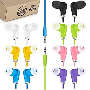 JustJamz Bulk Earbuds Bits, 100 Pack of Colorful in-Ear Earbuds, 3.5mm Stereo in-Ear Earphones, Bulk Earbuds, Disposable Headphones, Multi-Color Earphones for Schools, Kids, Classrooms & Libraries