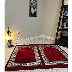 Modefa Turkish Islamic Prayer Rug - Wide Velvet Praying Mat - Multi Person Muslim Janamaz Sajada for Family - Group Praying Carpet - Solid 2 Person (Red)