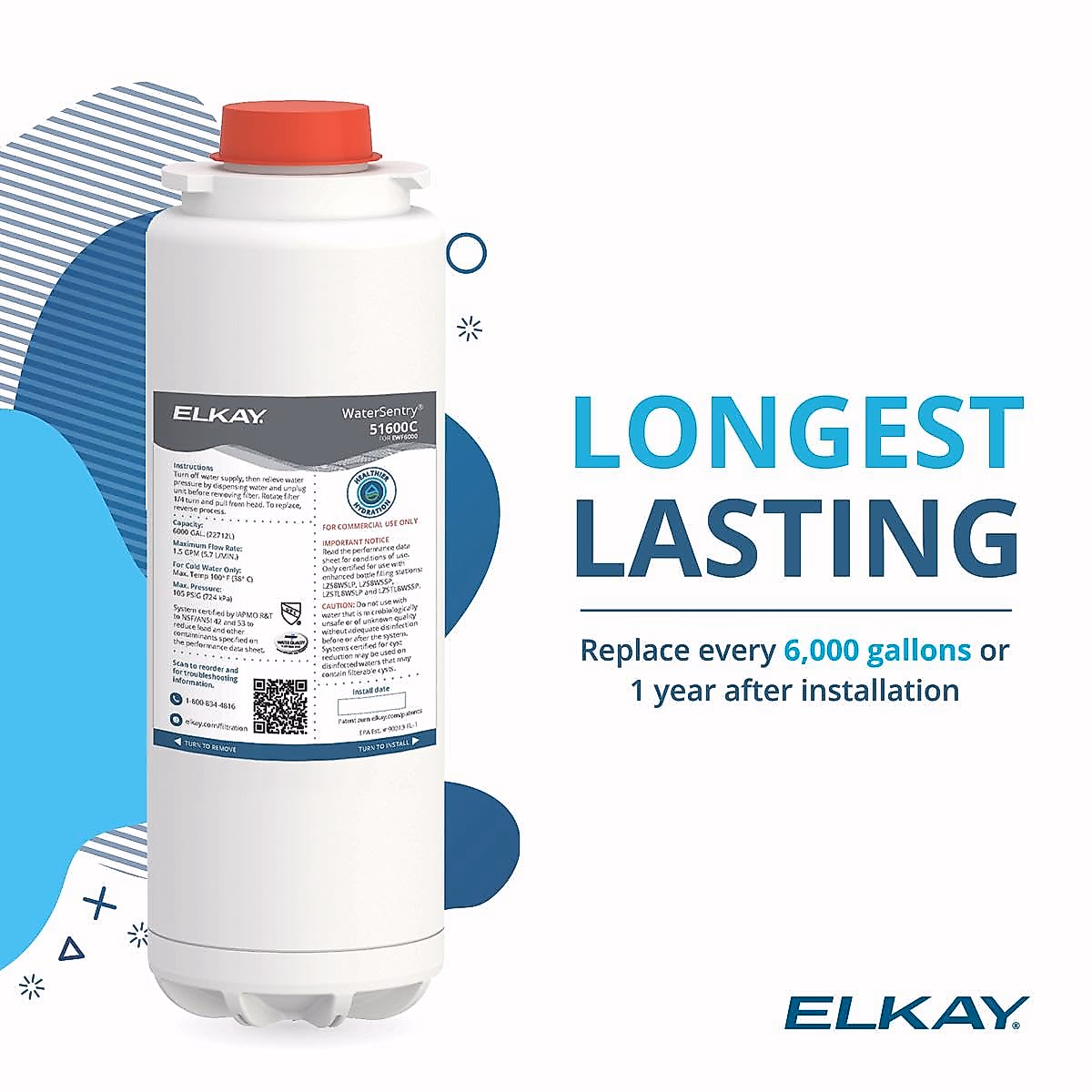 Elkay 51600C WaterSentry Lead + Microplastics NSF/ANSI Certified High-Capacity Filter (Enhanced Bottle Fillers)
