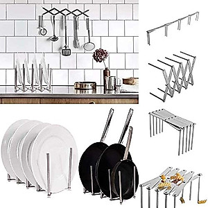 DRNKS Kitchen Utensil Organizer Stainless Steel Spoon Holder Storage Rack Pot Lid Plate Holder Rack 4 Sectional Adjustable Extended Suitable for Kitchen
