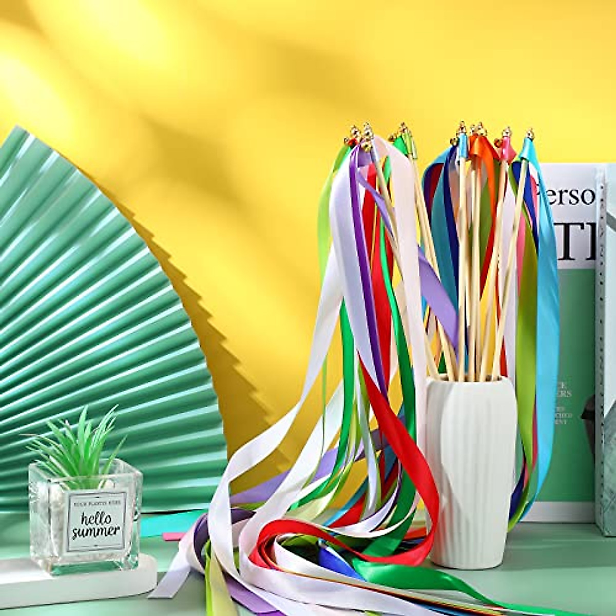 100 Pieces Mix Color Ribbon Sticks Wedding Party Streamers Fairy Wand Chromatic Silk Ribbon and Bell Wands Multicolor Hand Held Ribbons for Dance Wedding Party Celebration Holiday Activities