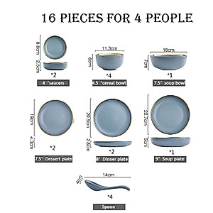 Porcelain Dishes Set for 4 People 16 Piece Ceramic Bowls and Plates Set Reactive Glaze Dinnerware Set for Home Party Gift - Matte Blue