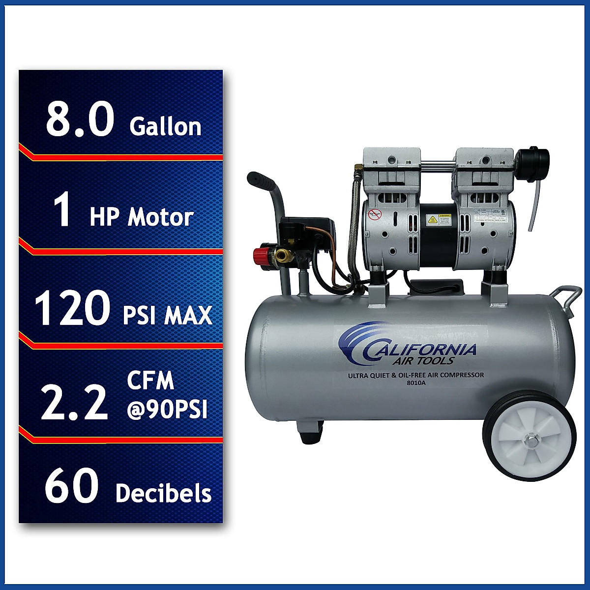 California Air Tools 8010A Aluminum Tank Air Compressor | Ultra Quiet, Oil-Free, 1.0 hp, 8 gal