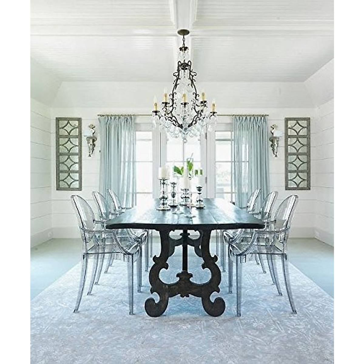 2xhome Smoke - Modern Contemporary Louis XIV Dining Chair Armchair Ghost Style Ghost Chair with Arms Ghost Arm Chair in Smoke Transparent Stackable Stacking Made From Polycarbonate