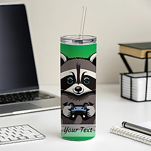 Personalized Custom Name Text Raccoon Gamer Gaming Playing Game Skinny Tumbler 20oz with Straw Insulated Water Bottle Gift - 1 Line Horizontal