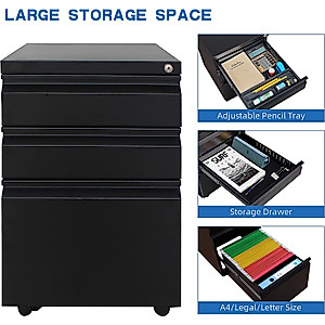 3 Drawer Locking File Cabinet, Under Desk Metal Filing Cabinet for Legal/Letter/A4 File, Fully Assembled Include Wheels, Home/Office Design (Black)