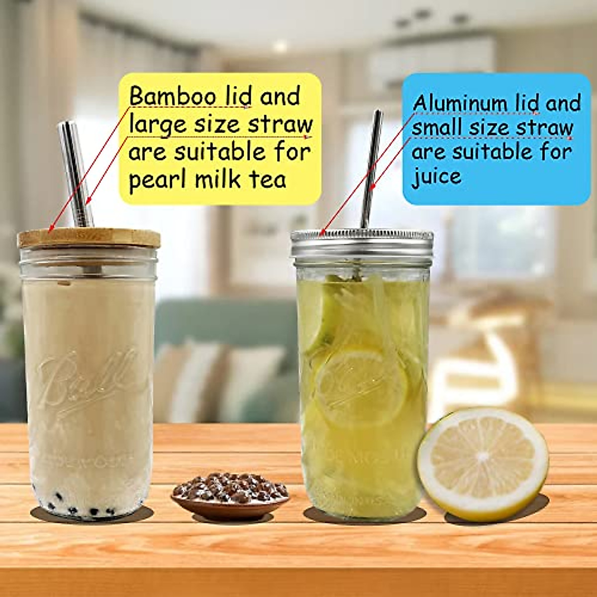 Bexbchh 2 Pack Wide Mouth Mason Jar Cups with sleeves,24oz Wide Mouth Mason Jars Drinking Glasses Tumbler, Reusable Bubble Cups Travel Bottle for Iced Coffee Large Pearl Juices Cocktail(Blue Marble)