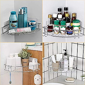 GEMITTO Corner Shower Caddy, SUS304 Stainless Steel Self-adhesive Bathroom Organizer Rack with 3 Stickers+2 Hooks, No Drilling for Shampoo Conditioner Kitchen Spice Storage (Silver)