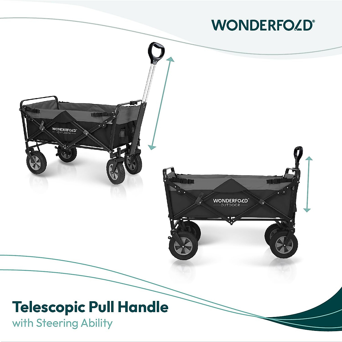 WONDERFOLD S1 Folding Utility Cart with Easy-Clean Removable 600D Fabric, Adjustable Pull Handle with Spring Bounce Technology & Active Front Steering, Black