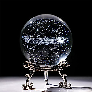 HDCRYSTALGIFTS 3D Laser Engraved Solar System Crystal Ball Figurine with Silver Base 60mm Crystal Sphere Meditation Healing Feng Shui Decorative Ball for Birthday Home Office Decor