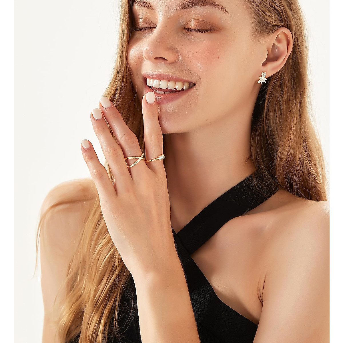 TIGRADE 14 K Gold Plated Stacking Ring X Shaped Criss Cross Ring CZ Pave Double Band Eternity Ring for Women, Gold, Size 6