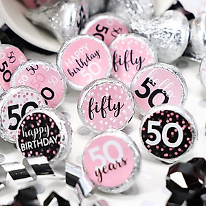 Pink, Black, and White 50th Birthday Party Favor Chocolate Kisses Candy Stickers - 180 Count