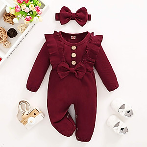Mioglrie Newborn Baby Girl Clothes Romper Cute Baby Girl Stuff Cotton Newborn Girl Clothes Ruffle Baby Girl Outfits Gifts Maroon 0-3 Months Baby Girl Clothes