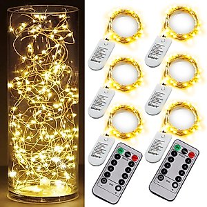 6 Pack Fairy Lights Battery Operated with Timer 2PCS Remote 6.5ft 20LED Warm White Twinkle Lights Waterproof Silver Wire Fireflies lights DIY Mason Jar Wedding Party Christmas Centerpiece Table Deco