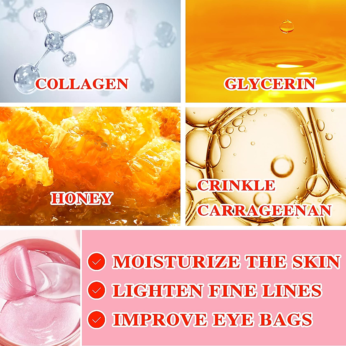 Eye Mask 60 pcs,Pink Collagen Under Eye Patches,Puffy Eyes and Dark Circles Treatments,Improve Reduce Under Eye Bags Smooth Wrinkles and Lighthen Fine Lines,Moisturizing,Improve and Firm eye Skin