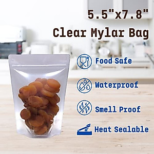 100 Pack Clear Mylar Stand Up Bags - 5.5x7.8 Inches Resealable Food Storage Zipper Pouches, Sealable Plastic Packaging Sample Pouch Bag - Clear