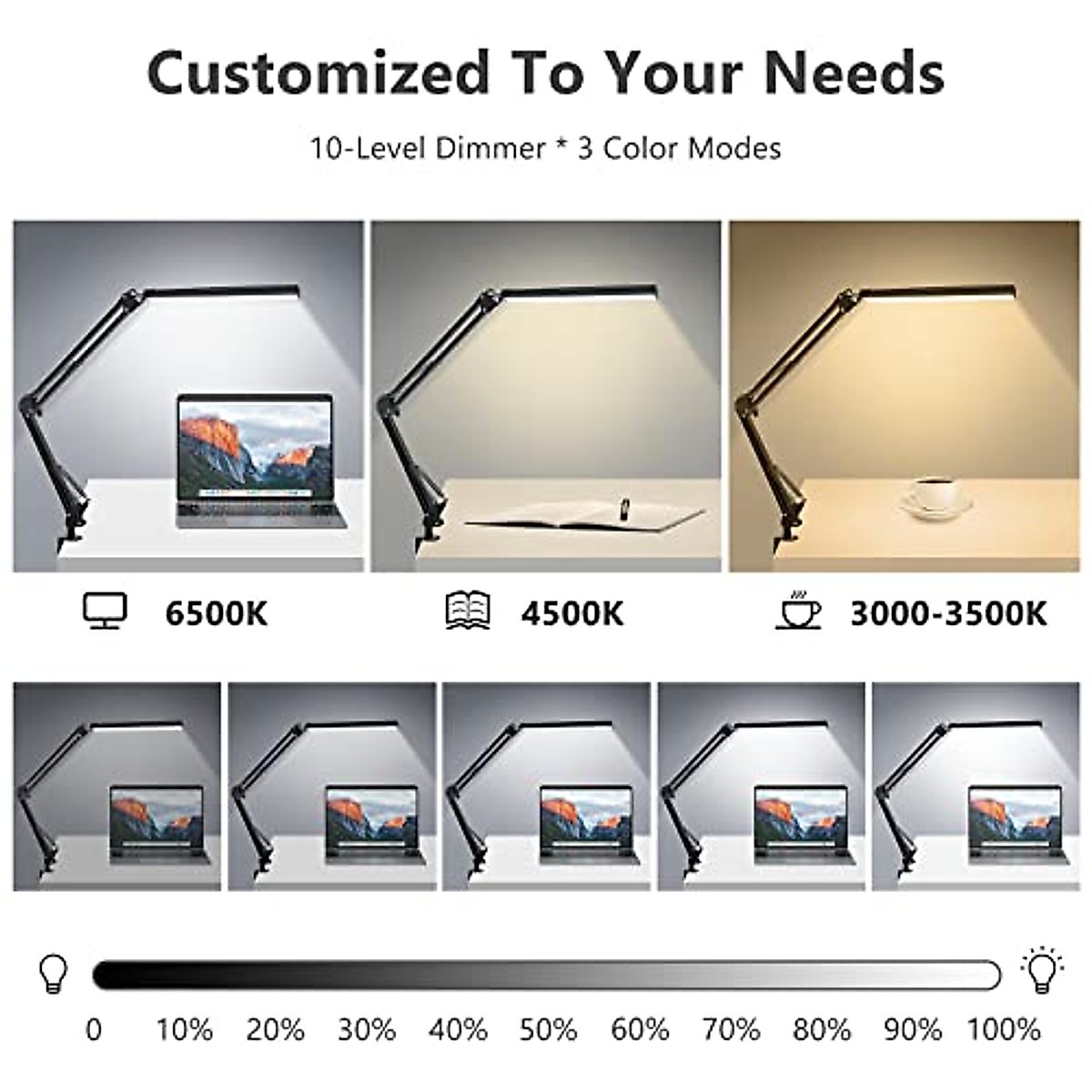ODOM Desk Lamp, Swing Arm Desk Lamps with Clamp, 10 Brightness for Desk Light, Eye-Caring Desk Lamps for Home Office, Upgraded 12V Adapter with Memory Function