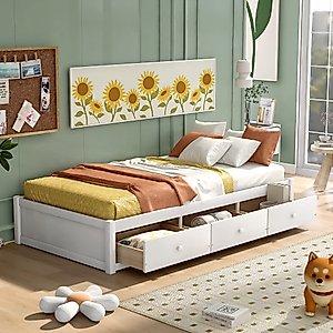 SOFTSEA Twin Size Bed Frame with 6 Storage Drawers, Wood Twin Platform Bed with Storage and Wood Slat Support, No Box Spring Needed, Twin Daybed Frame for Bedroom Living Room(White)