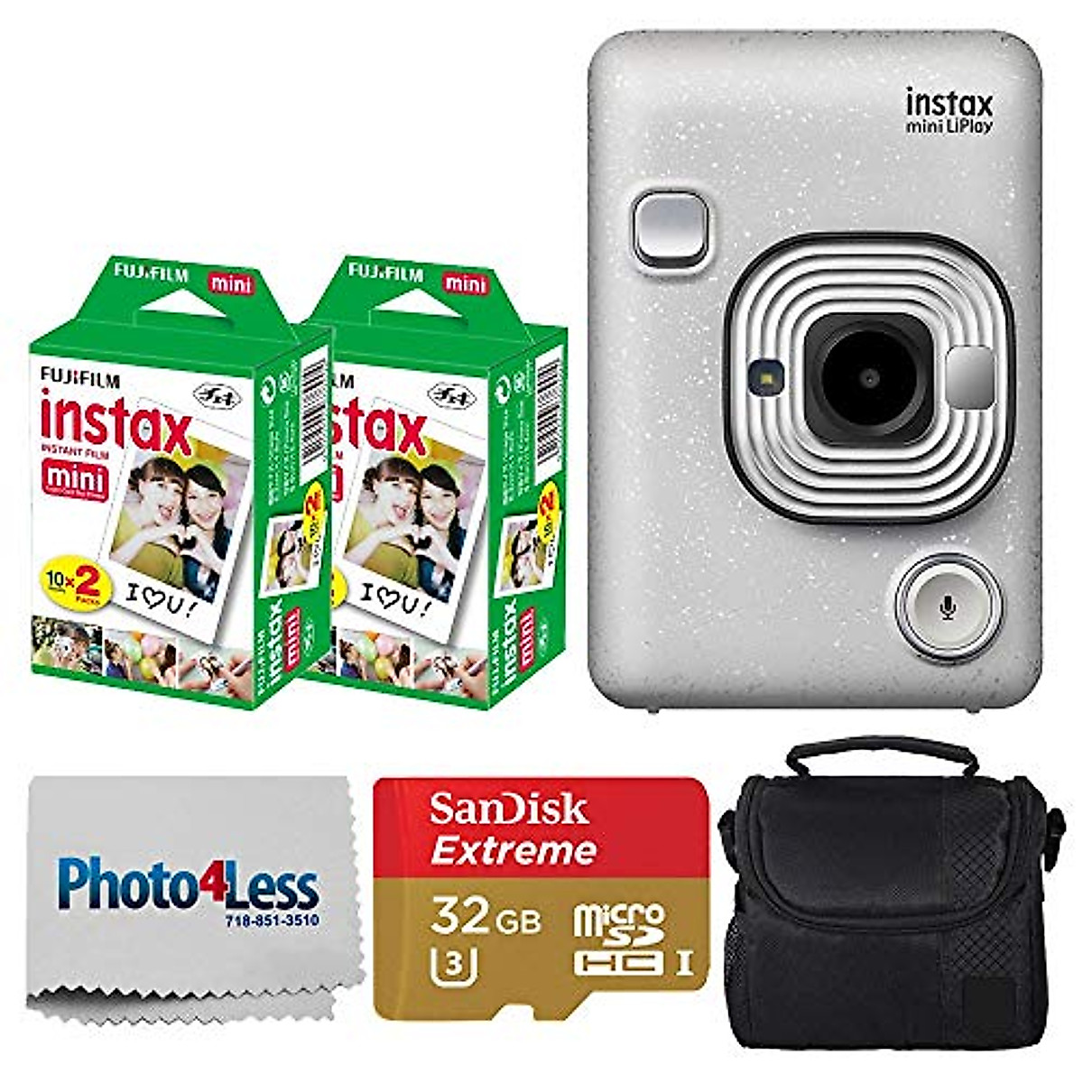 Fujifilm Instax Mini LiPlay Hybrid Instant Camera (Stone White) + Fujifilm Instax Instant Film (40 Shots) + 32GB mciroSDHC Memory Card + Camera/Video Case + Photo4Less Cleaning Cloth – Deluxe Bundle