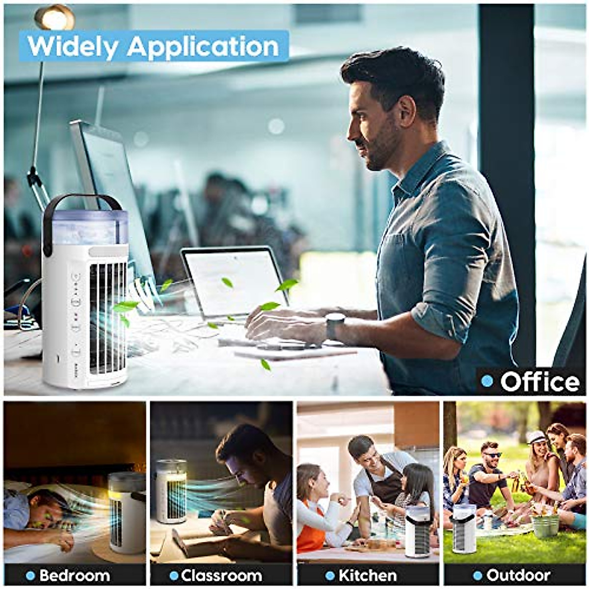 Portable Air Conditioner Fan, MAXROCK Portable AC Personal Mini Air Cooler 3 Speed Super Quiet Desk Air Cooling Fan 7 Colors LED Light for Personal Use Small Room