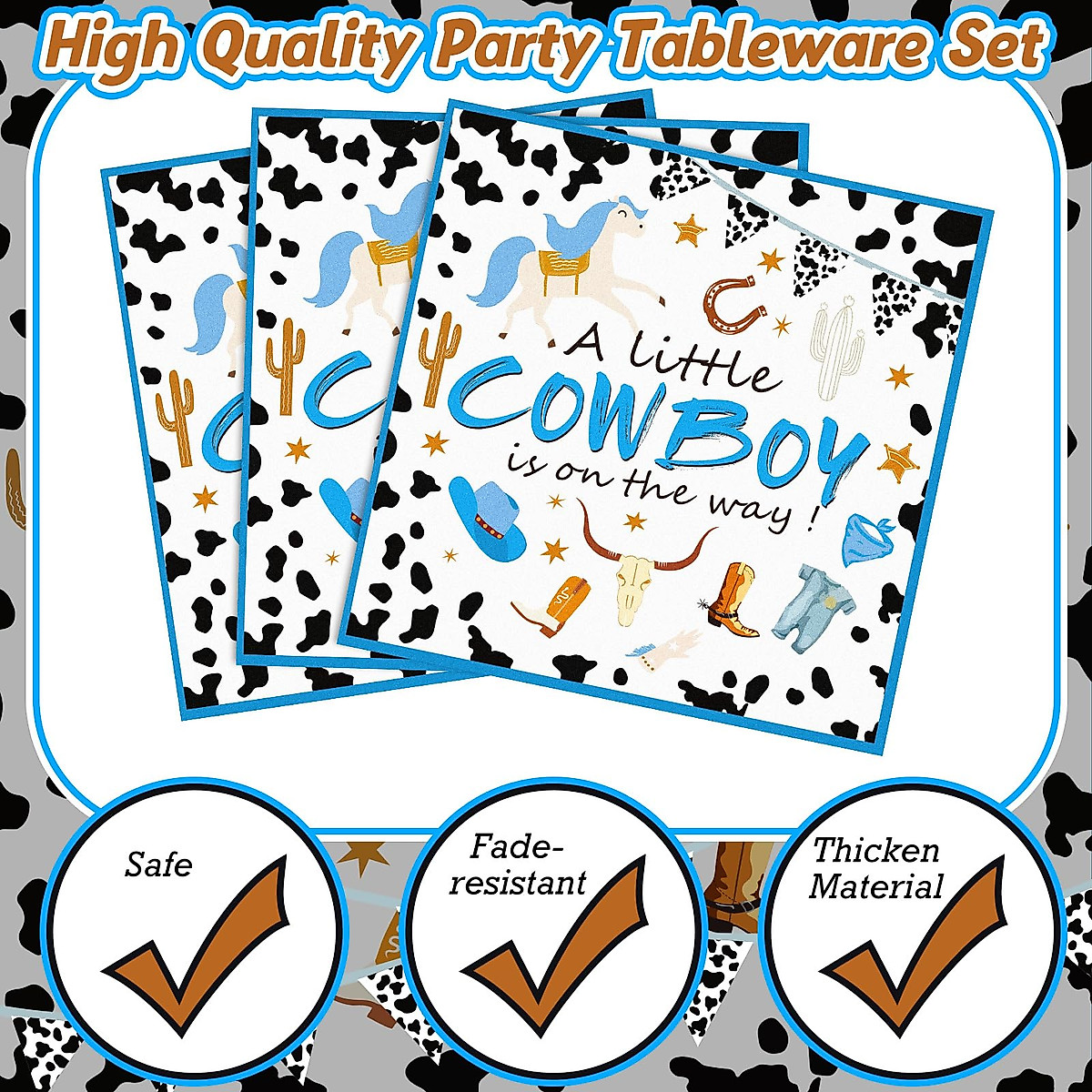 Sunnyray Cowboy Baby Shower Party Decorations Supplies Wild West Theme Party Tableware Set Western Rodeo Cow Country Party Dessert Plates Napkins Forks for 24 Guests Baby Shower Party