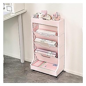 Rolling Book Shelf Organizer Mobile Book Shelf Cart 6 Tier Movable Bookshelf Cart Desk Side Cart for Office Dorm Classroom,Pink,5 Tier