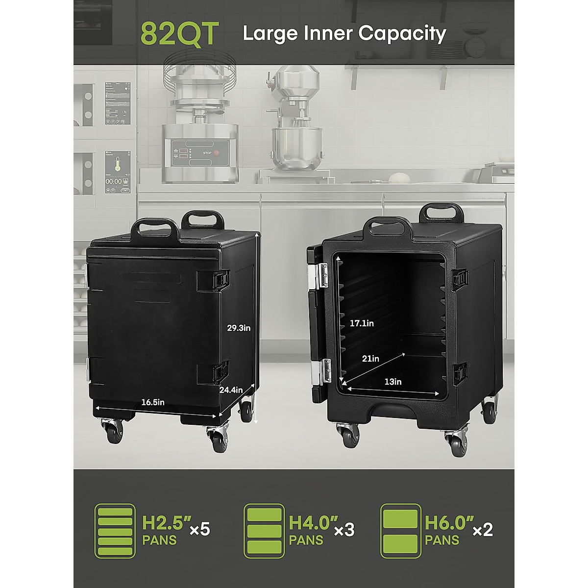 Catering Food Warmer, 82Qt Front Loading Hot Box for Catering, LLDPE Insulated Food Pan Carrier for 5 Full-Size Pan, w/Wheels, Stackable, Handles, Hot Box Food Warmer Ideal for Canteen, Restaurant